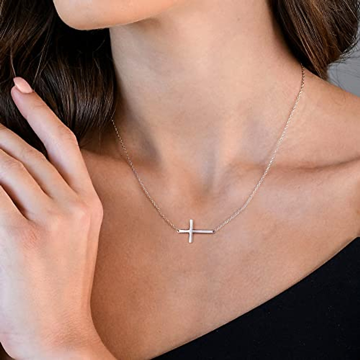 LANE WOODS Christmas Gifts 18K Real White Gold(3-5mls) Plated 925 Sterling Silver Sideways Cross Necklace for Women