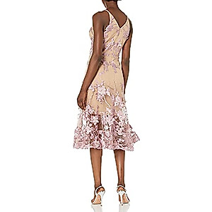 Dress the Population Women's Audrey Spaghetti Strap MIDI A-LINE 3D Floral Dress Dress, Lilac/Nude, M
