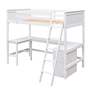 Loft Bed with Desk Twin Size Beds with Storage Shelves Bookcase Wood High Loft Bed Frame for Dorm, Kids Boys Girls Teens, White