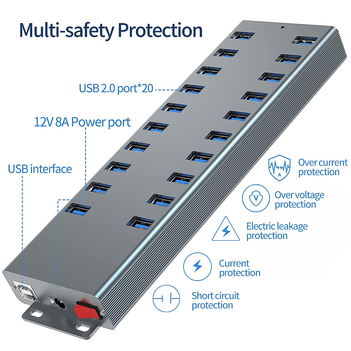 Royata Powered USB Hub Industrial Grade USB 2.0 Hub 20 Port 12V/10 Power Support Charger Data Sync and Charging Station with Separate On/Off Switch and Light for Laptops, PCs,etc.
