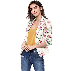 Allegra K Women's Open Front Notch Lapel Printed Business Casual Suit Blazer Jacket Medium White-Floral