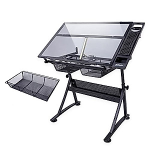 EESHHA Drawing Table Adjustable Glass Drafting Table,Versatile Art Study Table,with Storage Drawers,Art Studio Design Sketching Painting Work Station