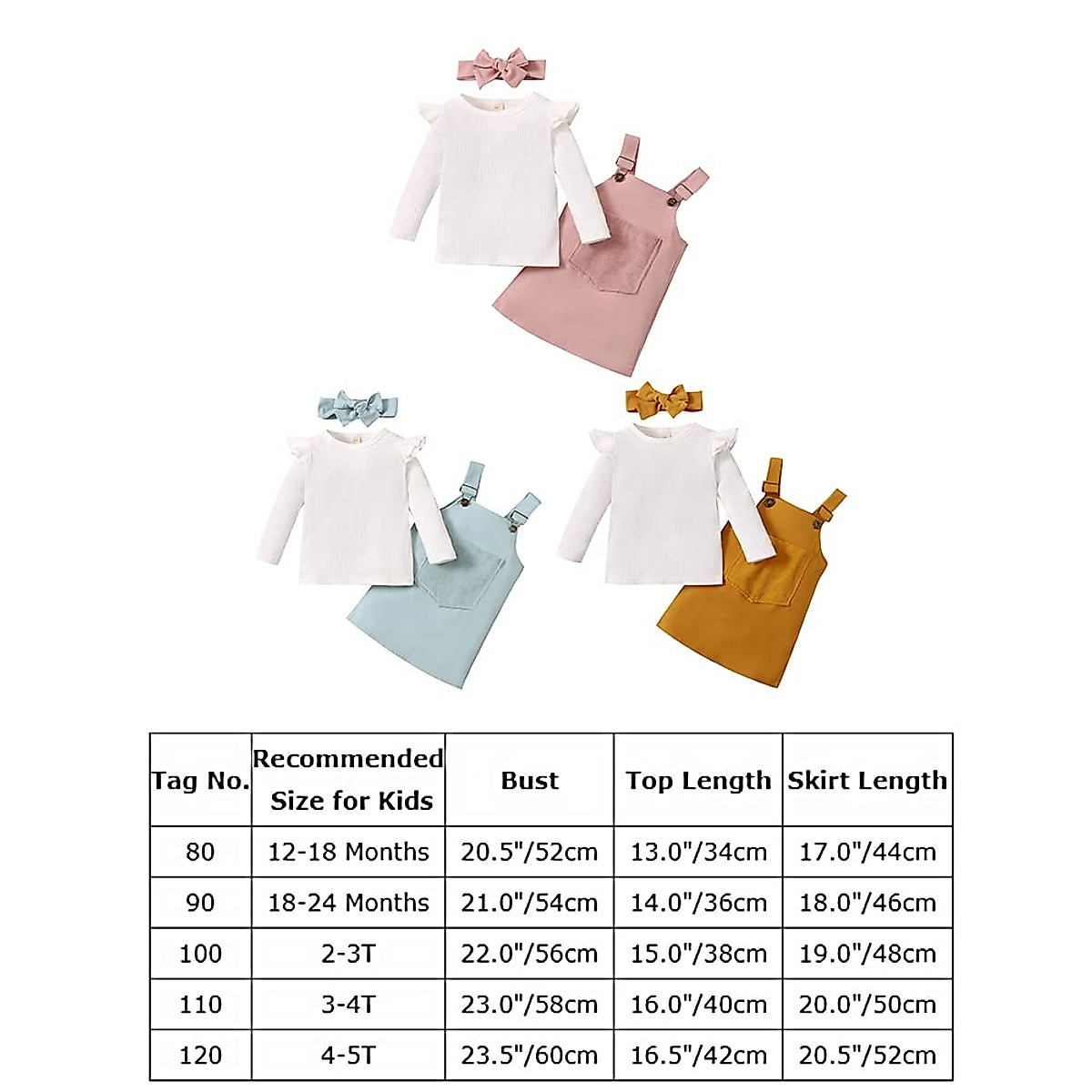 Fall Outfits for Girls Baby Knit Rib T-Shirt Top Kids Long Sleeve Suspenders Overalls Dress Skirt Headband Infant Toddler Winter Clothes Spring 1st Birthday Cake Smash Photo Shoot Pink 18-24 Months