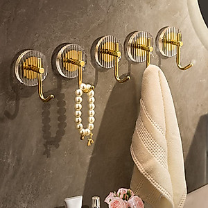 COCOYA 4Pack Adhesive Towel Hooks, Easy Install Acrylic Stainless Steel Heavy Duty Waterproof Rustproof Modern Decorative Cute Bathroom Bedroom Gold Wall Hooks for Hanging Include Strong Adhesive