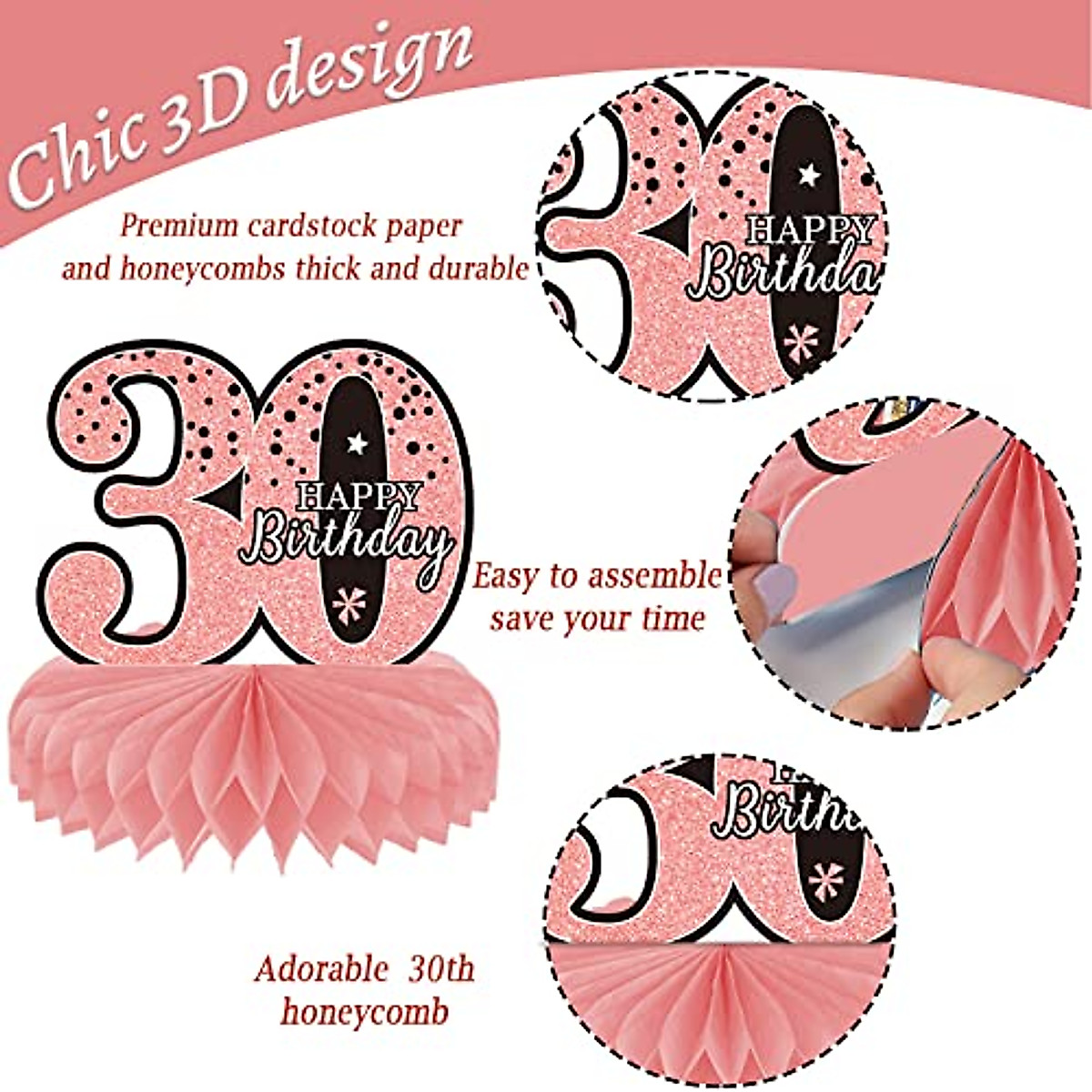 9 Pieces Rose Gold 30th Birthday decorations for Women Pink 30th birthday centerpieces for Tables Decorations Cheers to 30 Years Honeycomb Table Topper Happy 30th Birthday Decorations for Woman