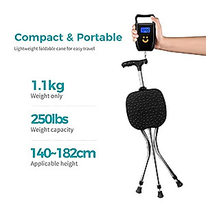 Folding Cane with Seat,Adjustable Walking Stick for Seniors,Lightweight Walking Cane with LED Light,Height Adjustment Cane Seat,Portable Cane Chair,Sturdy Crutches Stool,Supports up to 250 lbs