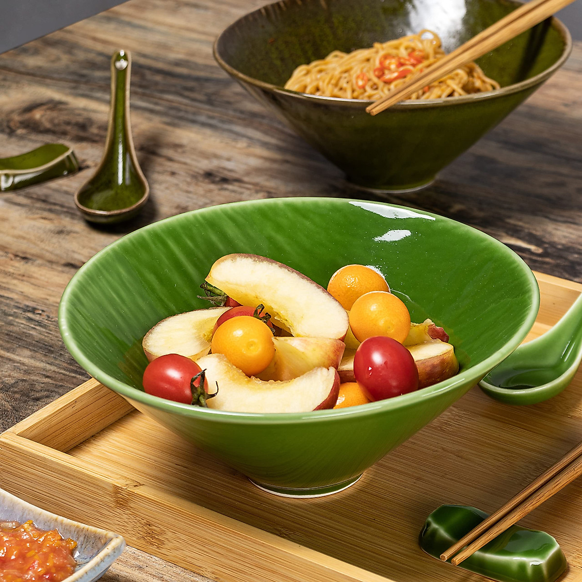 UNICASA 38oz Large Japanese Ramen Bowl Set with Chopsticks, Spoons and Stands, Ceramic Noodle Bowl Set of 2 for Udon, Pho, Soba, Salad and Soup – Reactive Glazed Light Green