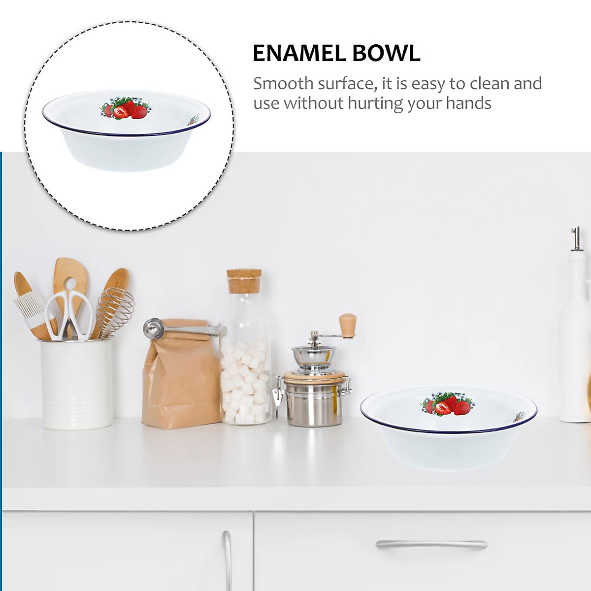 Yardwe Vintage Enamel Bowl Rustic Enamelware Basin Multi- Food Serving Bowl Blue Rim 7.9 Inch (Strawberry Pattern)