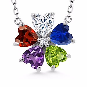 Gem Stone King 925 Sterling Silver Customized and Personalized 5-Stone Heart Shape Gemstone Birthstone and Lab Grown Diamond Necklace For Women With 18 Inch Chain
