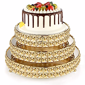 3 Pcs Crystal Metal Cake Display Stand with Mirror Top Plate 10 Inch, 12 Inch, 14 Inch Crystal Gold Dessert Display Pedestal Gold Round Cake Stand for Wedding Anniversary Baby Shower Birthday Party