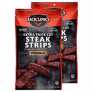 Jack Link's Steak Strips, Beef Jerky, Original Flavor, Snack Bags, Extra Thick Cut Protein Snacks, Ready to Eat - 9g of Protein and 70 Calories Per Serving, Made with Premium Beef, 8 Ounce (Pack of 2)