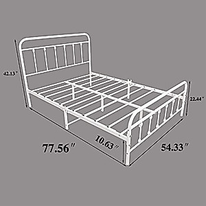 Kefair Full Size Metal Bed Frame with Headboard, Iron Mattress Foundation No Box Spring Needed,10.6 Inch Under Bed Storage, Noise Free, Easy Set Up（White