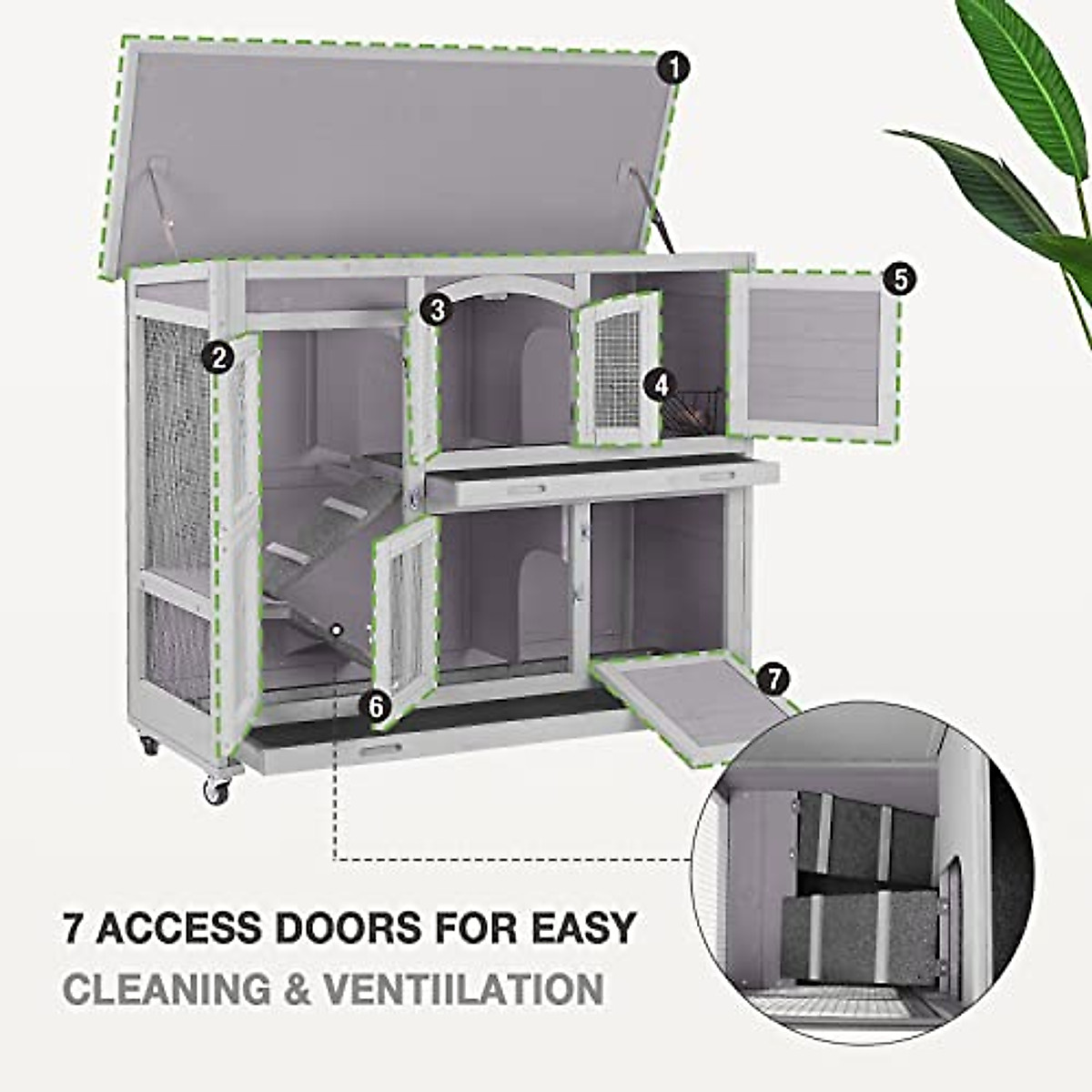 MEDEHOO Two-Story Rabbit Hutch with Wheels Guinea Pig Cage Indoor Outdoor Bunny Cage with 2 Deep Leakproof Tray