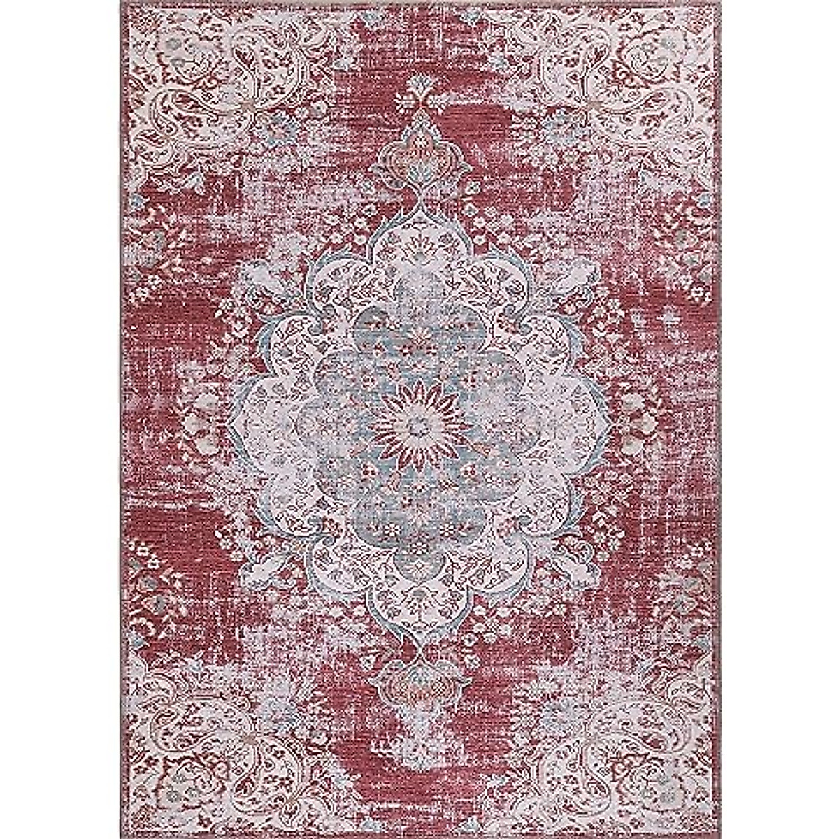 CAMILSON Printed Area Rugs with Ultra Thin Super Strong for Living Room Bedroom, Distressed Vintage Rug 5x7, Stain and Water Resistant, Bohemian Indoor Carpet (5 x 7, Rust Red)
