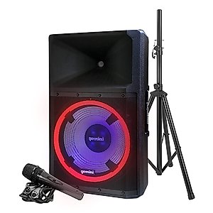 Gemini Sound GSP-L2200PK Indoor 2200 Watt Peak Bi-Amped Wired AC Powered Bluetooth DJ Speaker with 15" Inch Woofer, LED Party Lights, Built in Media Player, and Included Microphone and Speaker Stand