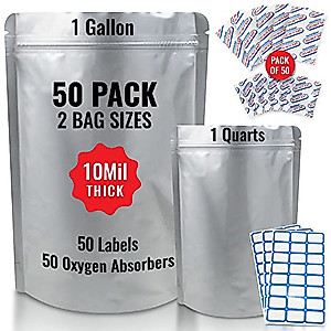 50 Mylar Bags for Food Storage with Oxygen Absorbers - 25 1 Gallon 10''x14'' - 25 1 Quarts 6''x9''- 25 500CC 25 300CC Oxygen Absorbers - 10 Mil Super Thick - Long Term Storage Vacuum Seal Ziploc