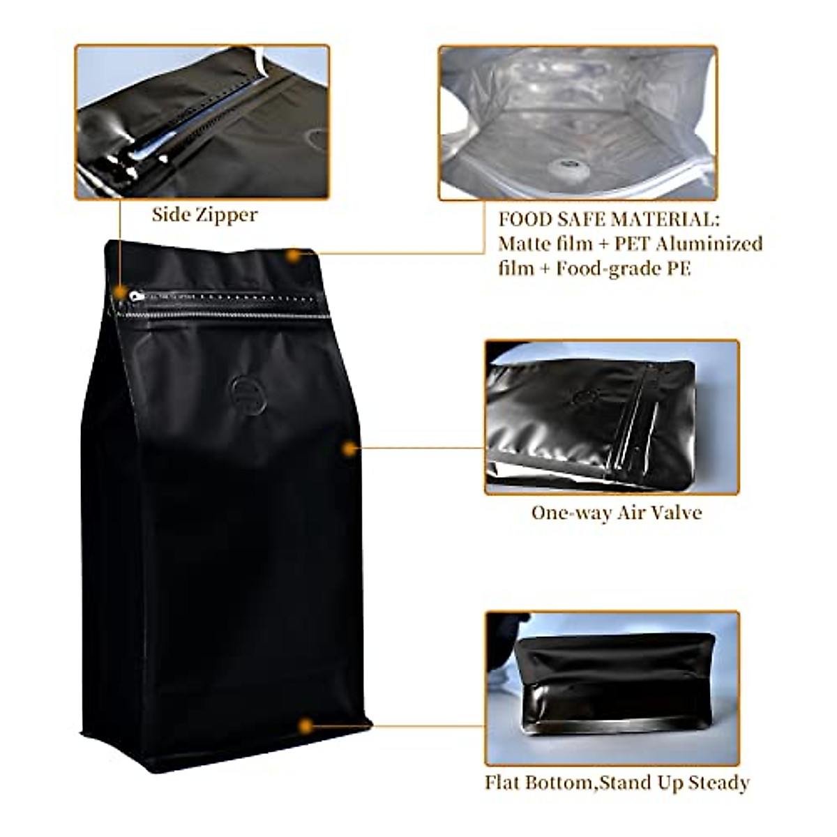 Resealable Coffee Bags, 50Pcs Stand Up Coffee Pouches with Valve and Side Zipper, Black Aluminum Foil Storage Bags for packaging food (1 LB, 16 oz)