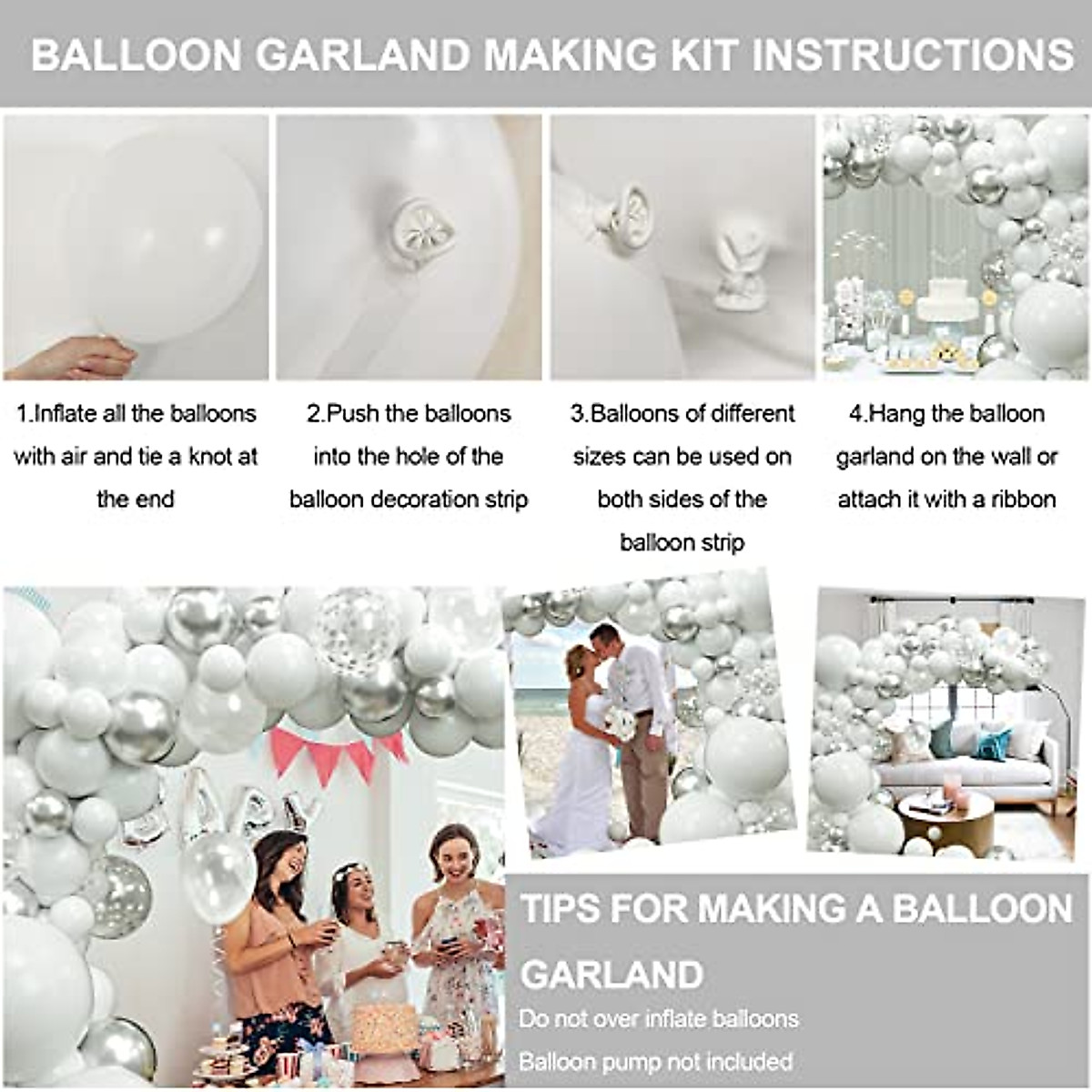 White Silver Balloon Garland Arch Kit,106pcs Balloons Set Included White Metallic Silver Clear and Confetti Balloons Decorations For Birthday Wedding Bridal Shower Baby Shower Bachelorette Party Decor (White Silver)