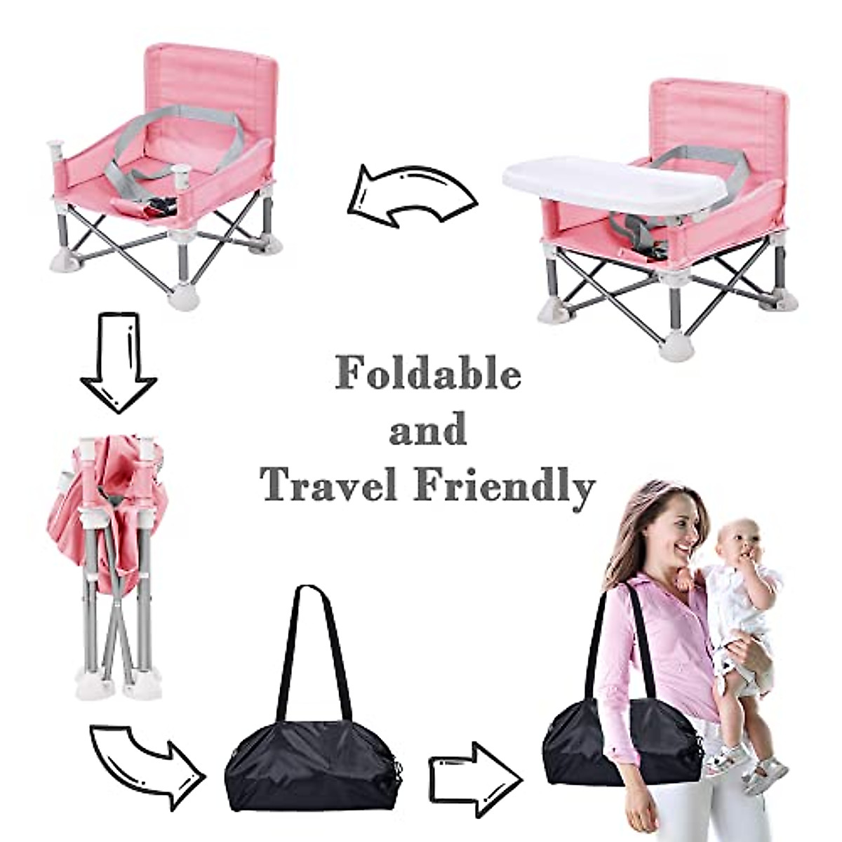 Agudan Baby Travel Booster Seat - Toddler Foldable Camping Chair | Compact Portable Baby Seat with Removable Dining Tray for Boys Girls (Pink)
