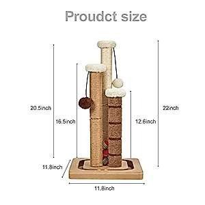 Cat Scratching Post Premium Natural Sisal Jute Carpet 3 Scratch Posts with Interactive Track Ball Base and Hanging Balls Toys Tall Kitten Scratcher for Indoor Kittens and Small Cats
