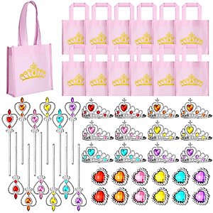 Yinder 12 Princess Party Favors Costume Dress up Accessories Set Included Gift Bags Princess Plastic Crown Tiara Rings and Wands Christmas Birthday Party Jewelry(Elegant Style)