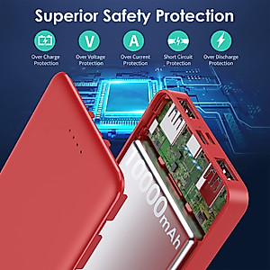 [2 Pack] Portable Charger Power Bank 10000mAh,Ultra Slim Compact External Battery Pack with USB C Input & Dual USB Outputs Backup Charger Compatible with iPhone 13,12, Samsung S20,Tablet-Black+Red