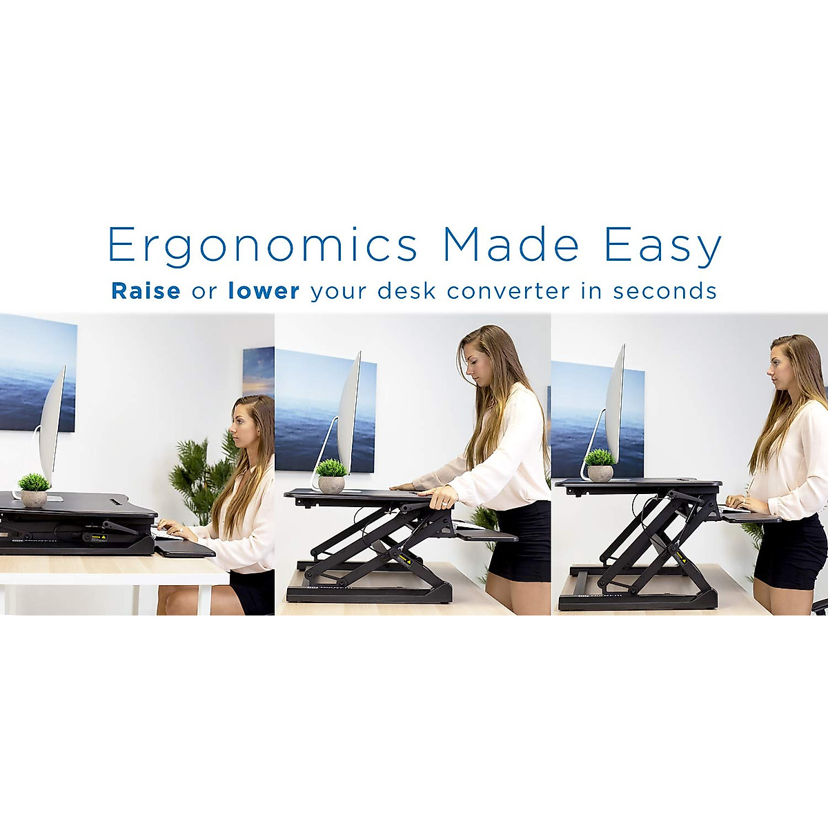 Mount-It! Height Adjustable Standing Desk Converter | 35” Wide Desktop | Sit-Stand Desk with Gas Spring Handle | Stand Up Computer Workstation Fits Dual Monitors | Black (MI-7955)