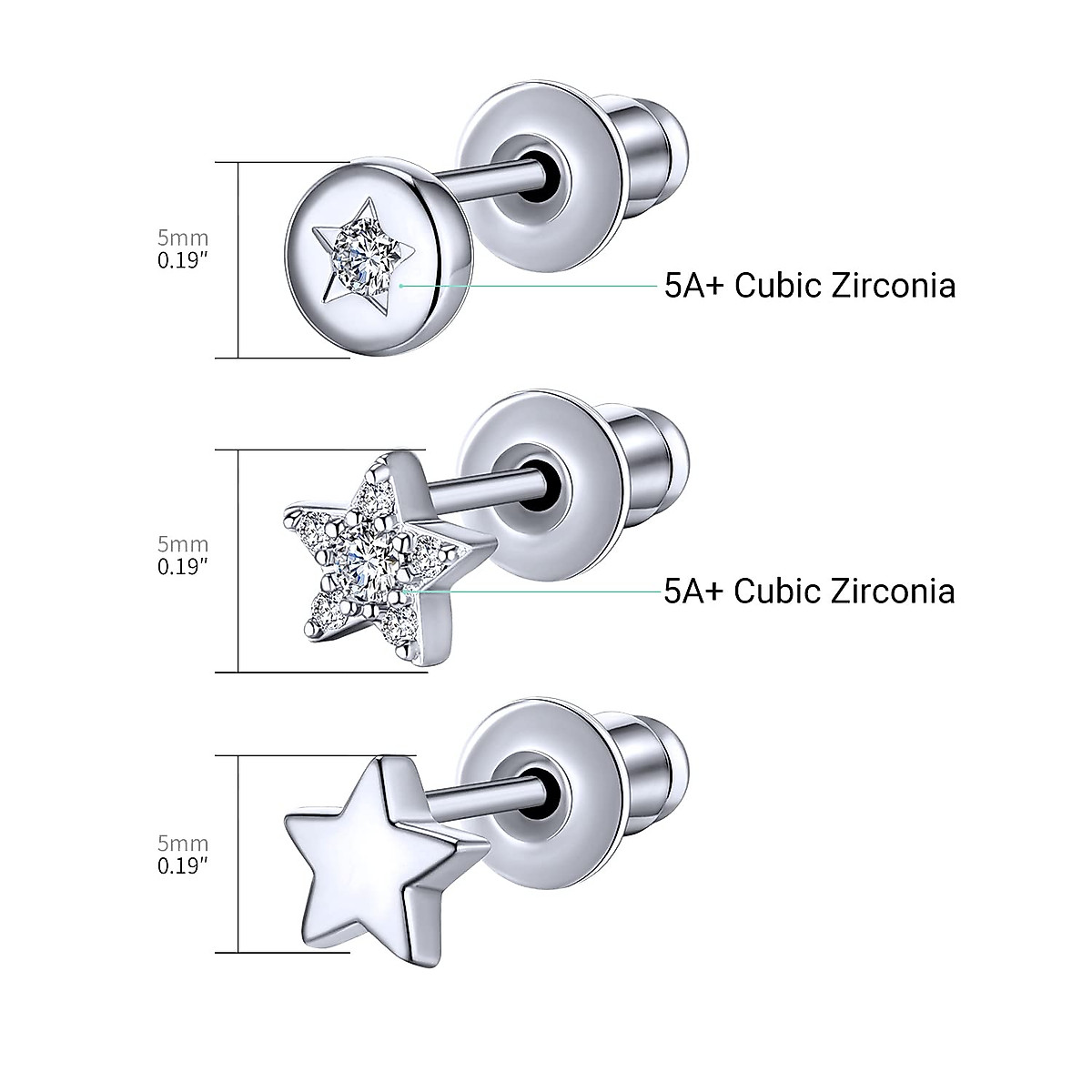 3 Pairs Star Stud Earrings for Women and Men，14K Gold Plated Dainty Tiny Hypoallergenic Cartilage Cubic Zirconia Earrings Set (White Gold)