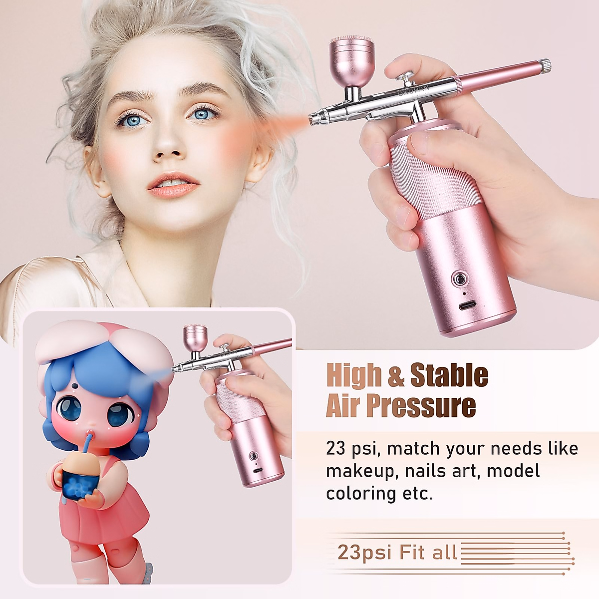 OKUPAN Nail Airbrush Machine - Cordless Airbrush Kit with Compressor - Portable Airbrush for Nails, Cake Cookies Decorating, Makeup, Barber, Model Painting (Pink)