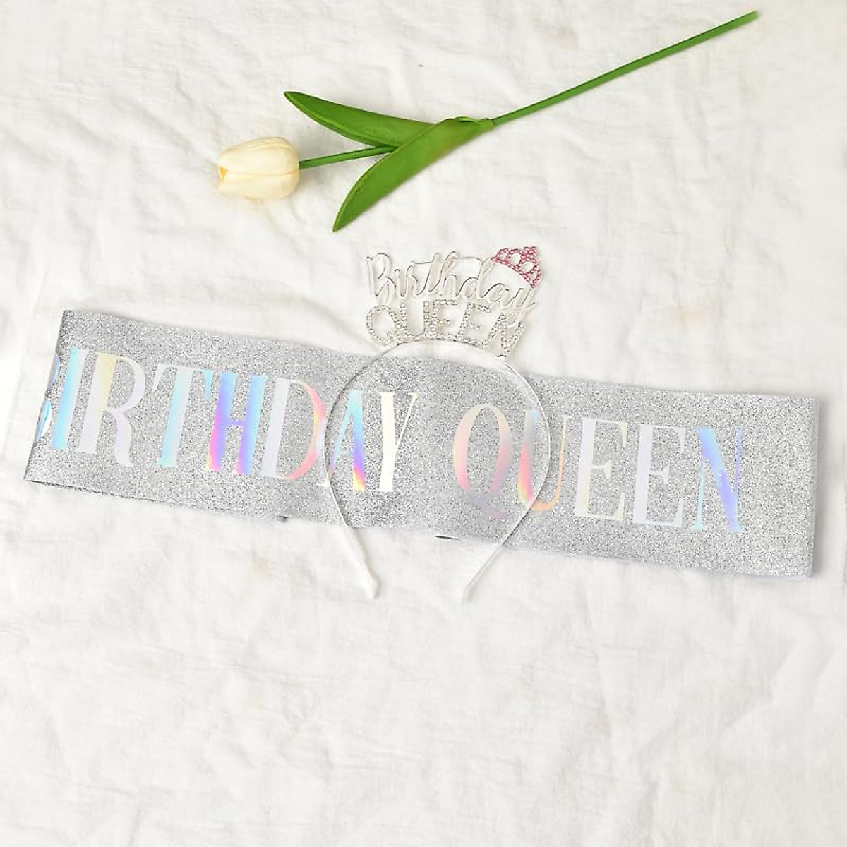Birthday Queen Sash and Crown Tiara for Women Silver Glitter Happy Birthday Headband Hats Birthday Party Hats Decorations Supplies Photoshooting Props Birthday Gifts for Mom Grandma Women Friends