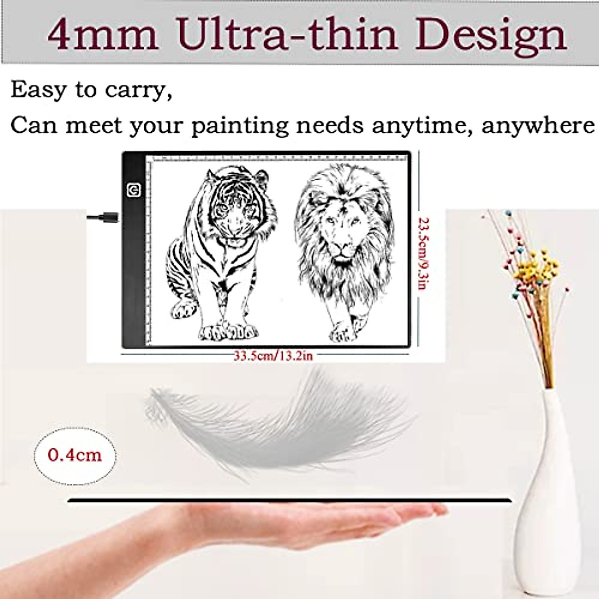 Femont Portable A4 LED Tracing Light Box with Scale,Art Light Pad Light Table with Detachable Stand&4Clips,Adjustable Brightness,USB Power,Ultra-Thin Copy Board for Diamond Painting Drawing Sketching