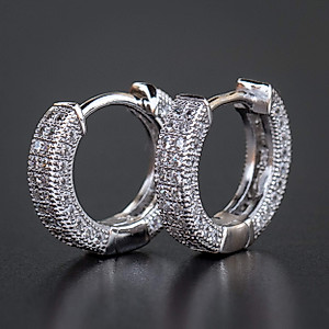 Small Iced CZ Bling Hoops with Cubic Zirconia 14K White Gold Plated 925 Sterling Silver Trendy Hip Hop 12mm Ice Out Huggie Hoop Earrings Jewelry Gifts for Men And Women