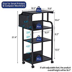 Fannova 4 Tier Small Printer Stand with Adjustable Shelf and Storage Pouch, Rolling Printer Cart with Wheels for Home Office Organization, Table Stand for Shredder CPU Computer Tower, Black