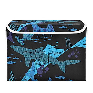 DOMIKING Sharks Large Storage Bin with Lid Collapsible Shelf Baskets Box with Handles Toys Organizer for Shelves Cabinet Nursery Drawer