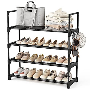 WEXCISE Shoe Rack 4 Tier 16-20 Pairs Shoe Rack for Entryway Sturdy Shoe Organizer Storage for Closet Bedroom Dorm Heavy Duty Black Metal Shoe Shelf with Hooks
