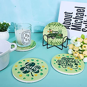 Whaline St. Patrick's Day Coaster 4Pcs Watercolor Green Lucky Shamrock Truck Hat Drink Coaster Irish Ceramic Coaster Cup Mat for Mugs Cups Home Kitchen Party Supplies, 4.1 x 4.1 x 0.3 Inch