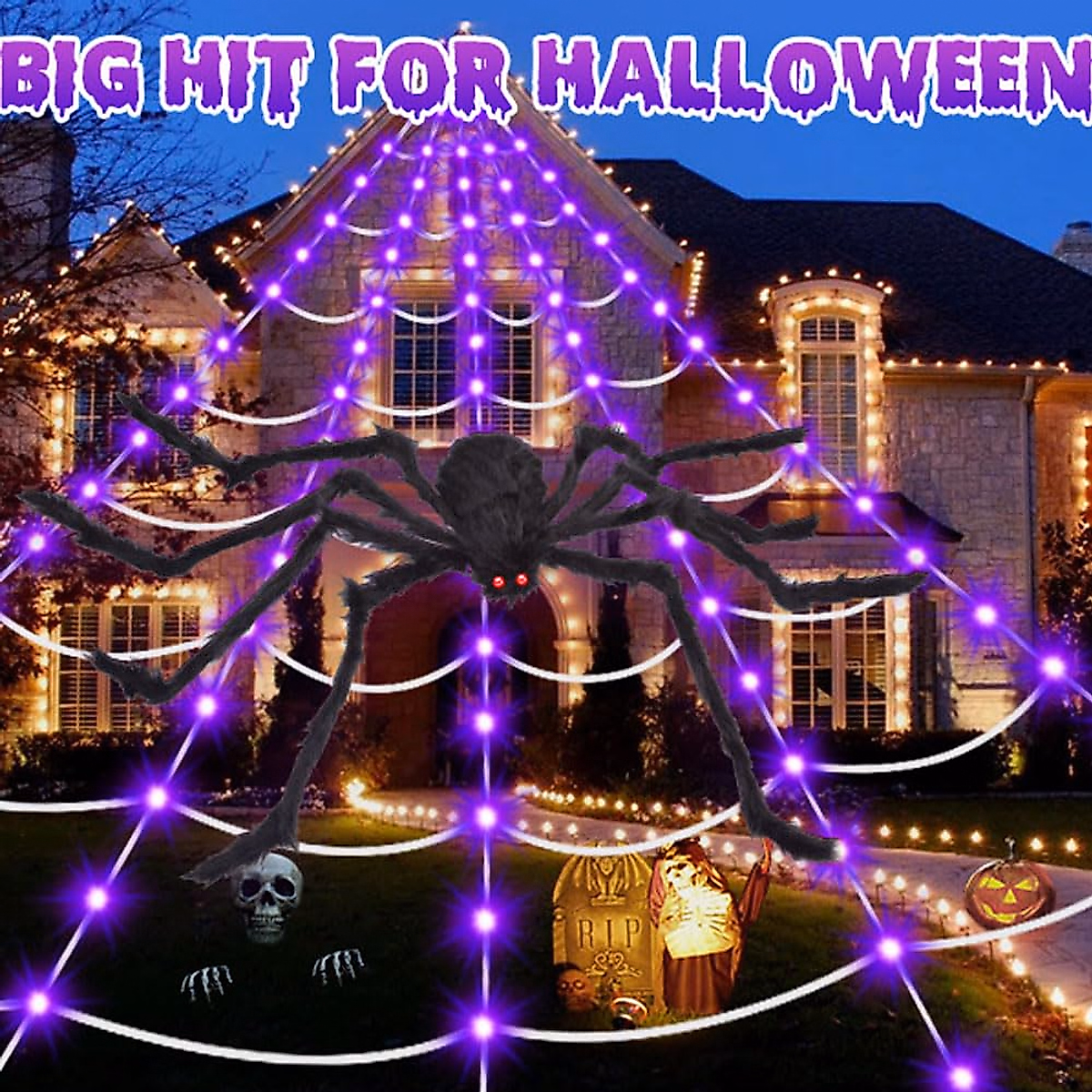 Halloween Spider Webs 16.5ft x15.8ft with 250 LED Purple Lights && 59" Giant Spider,Scary Halloween Outdoor Decors for Party Garden Home Costumes Yard Haunted House