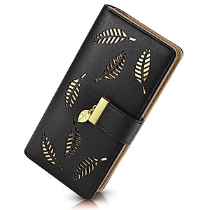 PGXT Women's Wallet Women Credit Card Holder Hollow Leaf Pattern Bifold Leather Lady Long Wallet Purse Zip Birthday Xmas Gifts for Women Girls(Black)