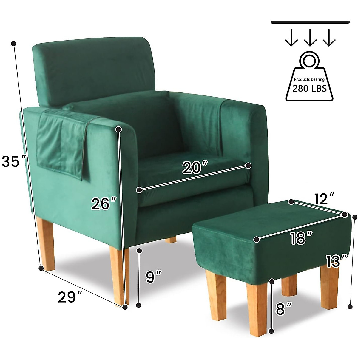 TAKUKA Modern Accent Velvet green Chair Upholstered Armchair with Ottoman Fabric Armchair and Footrest Set Comfy Reading Single Sofa for Living Room Bedroom (Velvet green)