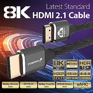 Fosmon HDMI 2.1 Cable 8K@60Hz 1ft (2 Pack), Premium Certified in-Wall CL3 Rated, 48Gbps Ultra High Speed, 4K@120Hz, Dynamic HDR, HDCP 2.3, 3D, eARC, 30AWG Cotton Braided Compatible with UHD TV & More