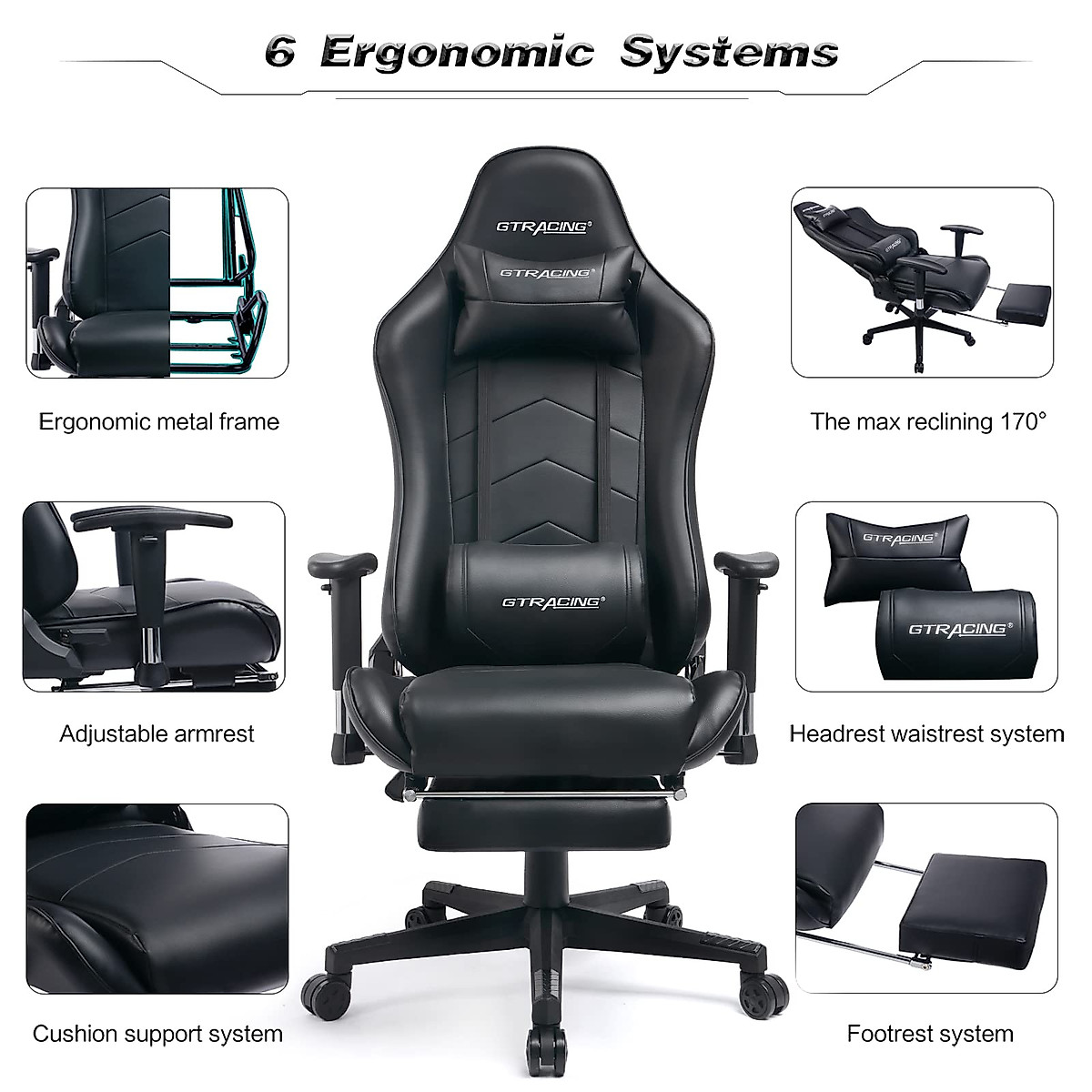 GTRACING Gaming Chair for Adults, Racing Style Computer Chair with Footrest, Adjustable Reclining Backrest and Lumbar Support, Stylish High Back Chair for Gaming and Office (Black)