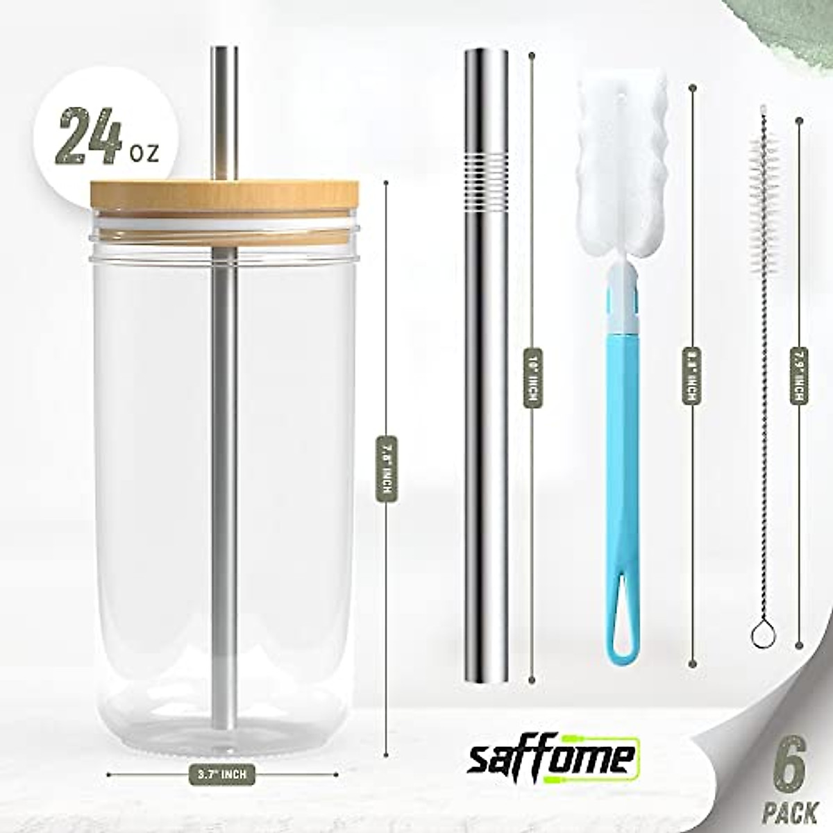 Saffome 6 Pack Glass Mug Set - Drinking Glasses Tumbler, 24oz Reusable Boba Tea Cups with Bamboo Lids, Travel Tumbler Bottle, Non-slip Glasses for Iced Coffee, Smoothie