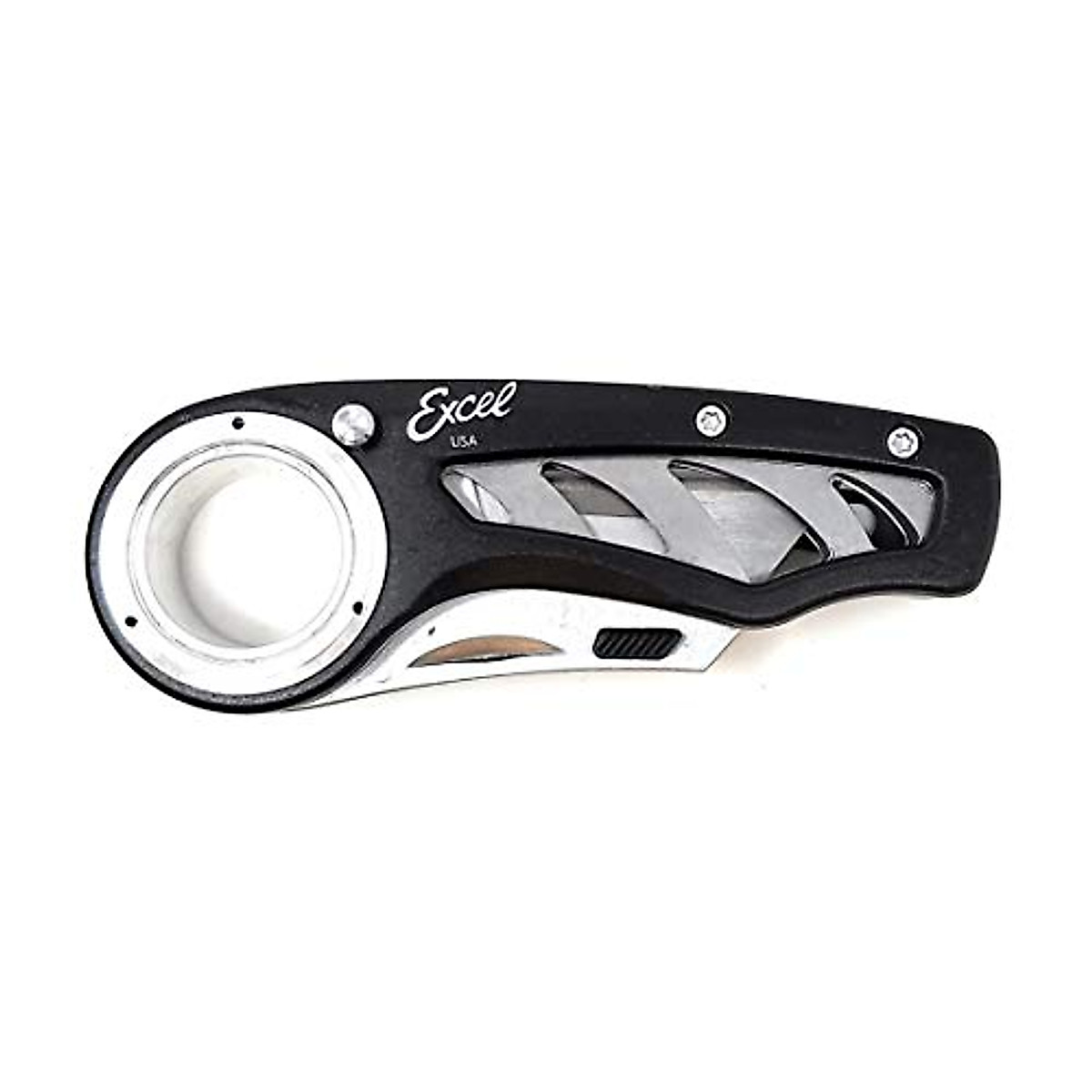 Excel Blades Revo Folding Pocket Utility Knife - Aluminum Body Heavy Duty Box Cutter with Holster, Anti-Slip Finger Loop Design Grip, Quick Change Blades and 3 Lock Positions Design, Black