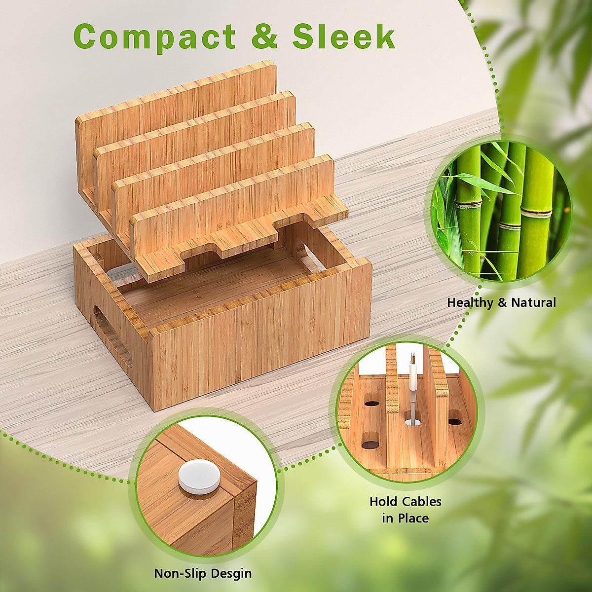 Pezin & Hulin Bamboo Charging Station for Multiple Devices with 5 Port USB Charger, 5 Cables, Watch&Earbuds Stand, Electronic Device Desktop Organizer for Cellphone, Tablet, Watch, Earbuds