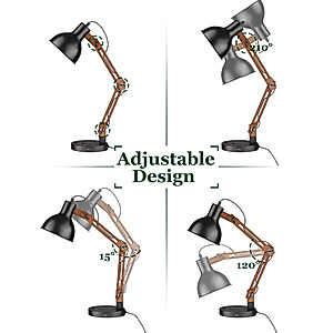 ELYONA Sapele Wood Desk Lamp with Wireless Charging & USB Port, Swing Arm, LED Bedside Table Lamp for Bedroom, Adjustable Reading Task Lights for Dorm, Office, Living Room, 5W Bulb Included, Black