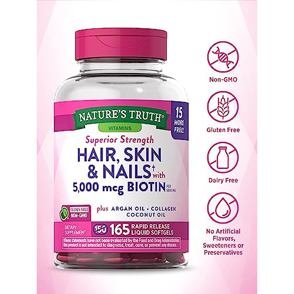 Hair, Skin & Nails Vitamin | 5000mcg Biotin | 165 Softgels | with Collagen | Non-GMO & Gluten Free Supplement | by Nature's Truth