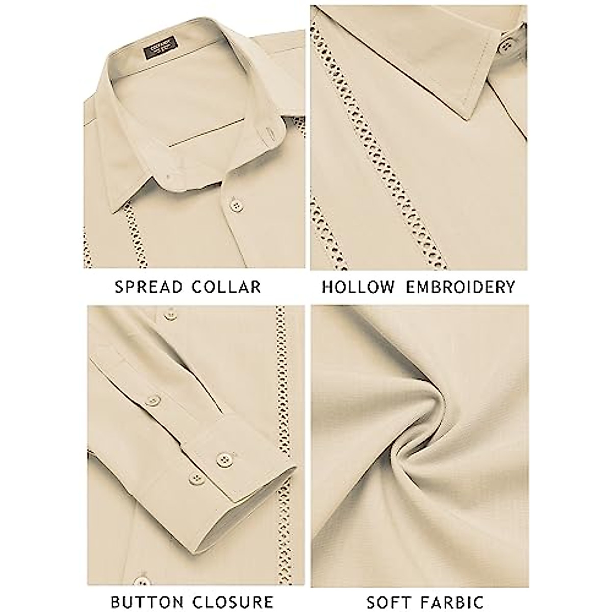 COOFANDY Men's Linen Shirts Casual Cuban Guayabera Shirt Long Sleeve Beach Shirts Beige