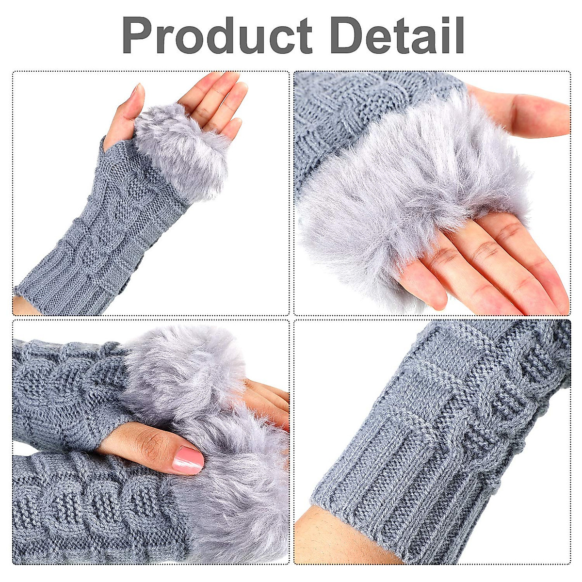 3 Pairs Fingerless Winter Gloves Faux Fur Crochet Warm Middle Length Thumb Hole Fingerless Gloves Arm Warmers (Black, White, Grey)