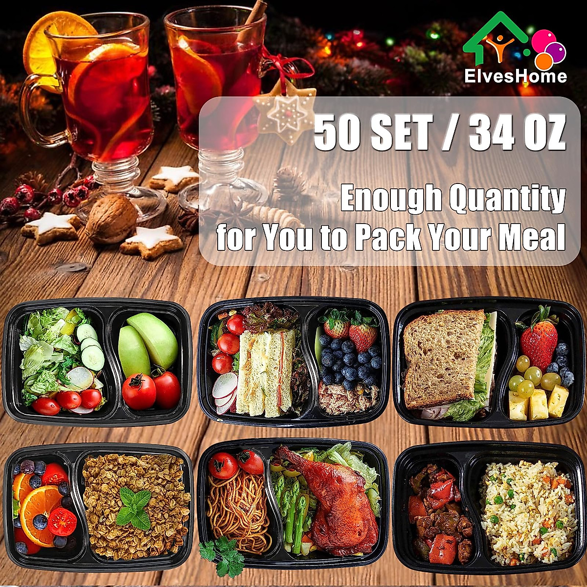 Meal Prep Container 2 Compartments, 50 Pack Meal Prep Container Microwave Safe, Food Storage Container with Lids, 34oz Disposable Bento Box To-Go Boxes Reusable Plastic Bento Lunch Box Dishwasher Safe