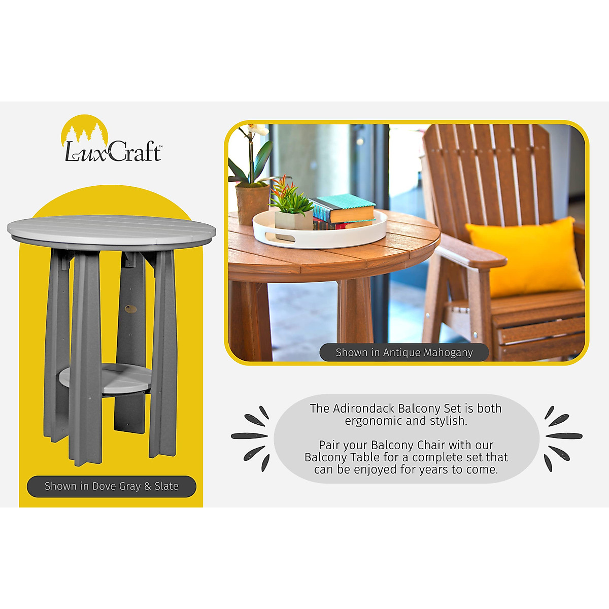 LuxCraft Plastic Poly Adirondack Balcony Chair with Built-in Footrest, Counter Height Outdoor Patio Dining Chair (Dove Gray & Slate)